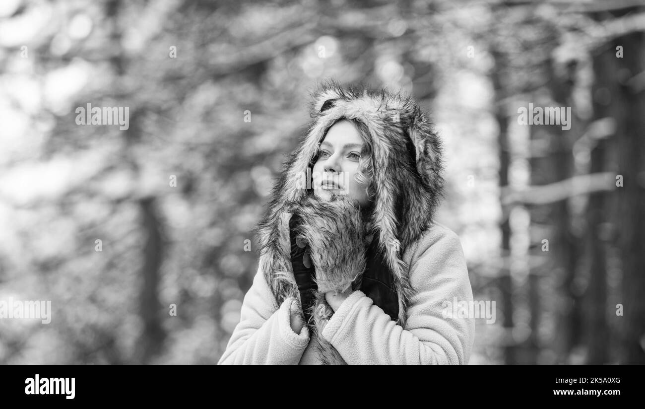 Girl in snowy forest. Faux fur animal hat perfect for fantasy theme ...