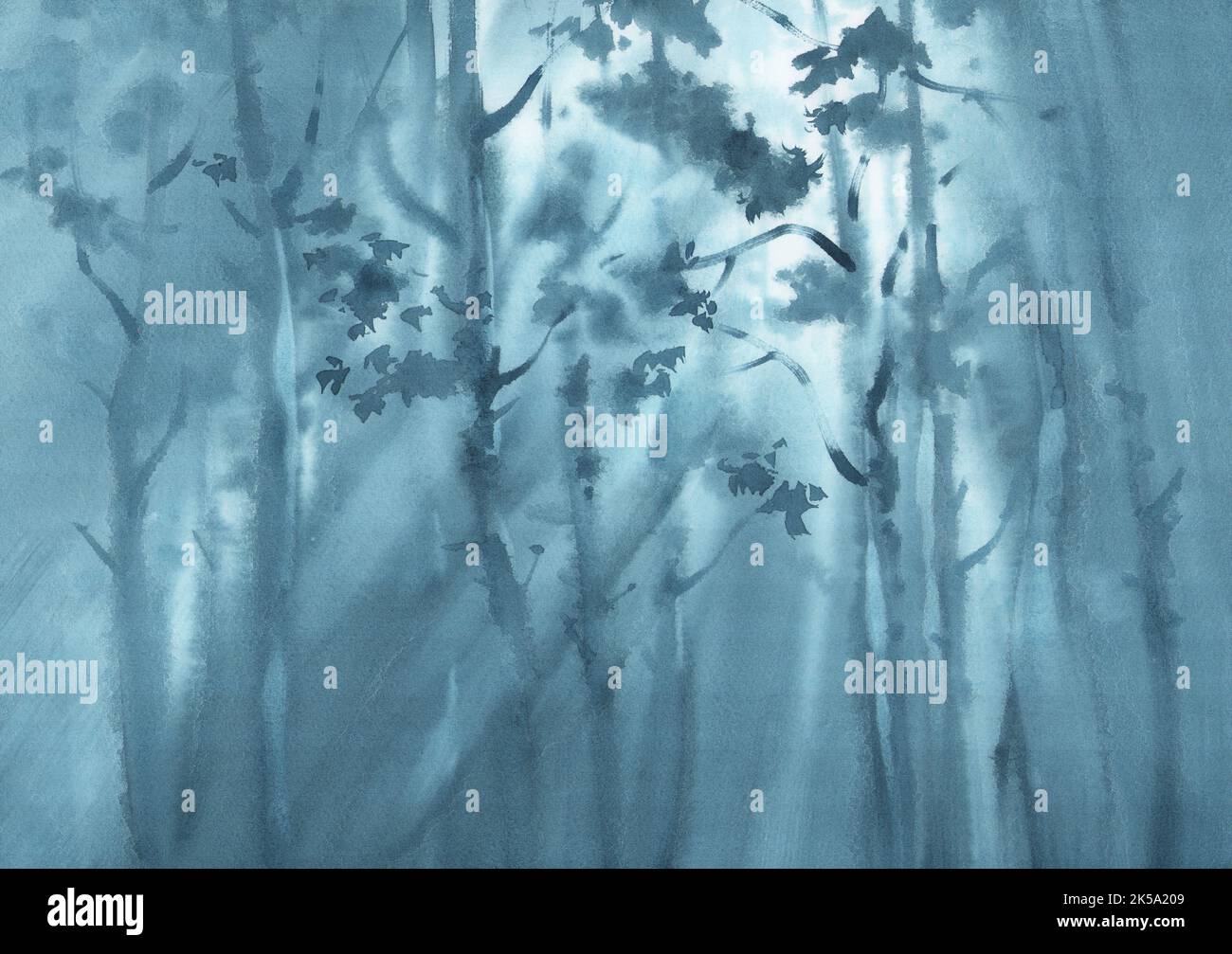 Pine tree forest in the mist watercolor background Stock Photo - Alamy