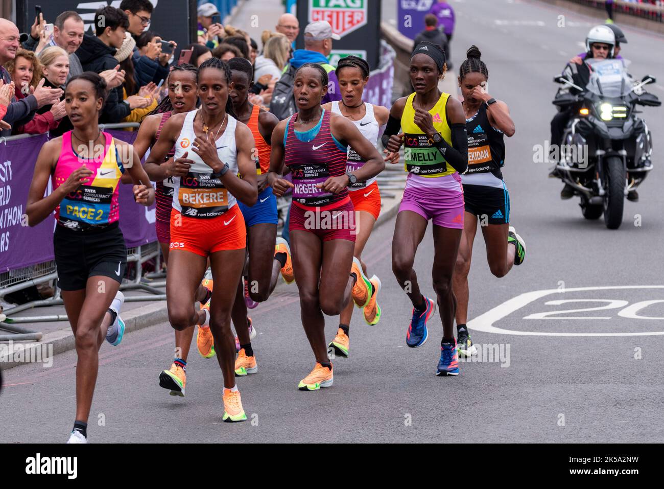 Lead group racing in the TCS London Marathon 2022 Elite Women race in ...