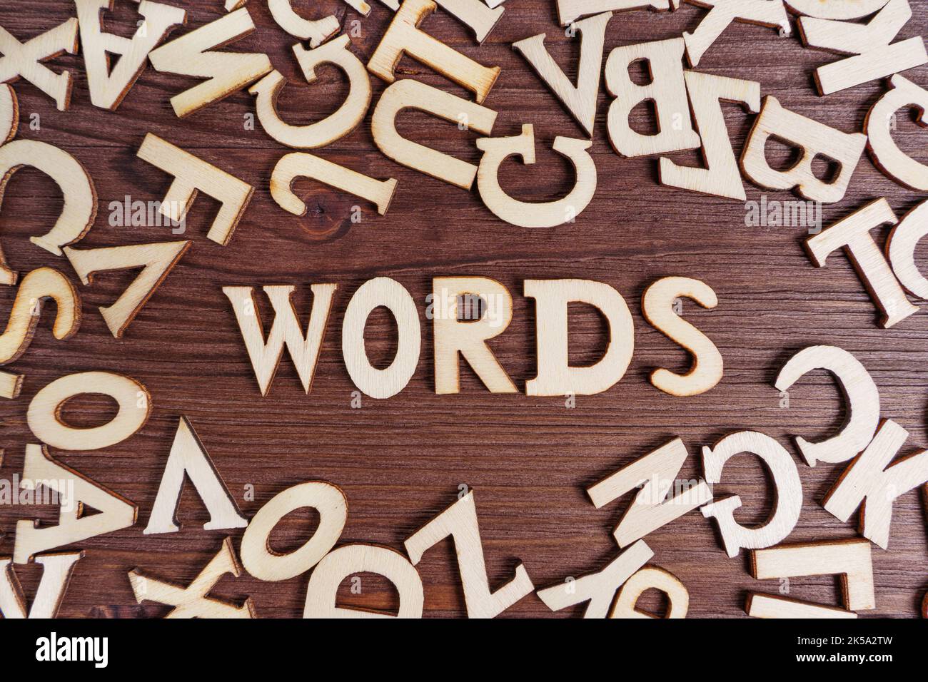 Wooden letter characters arranged into WORDS word on dark wooden table ...