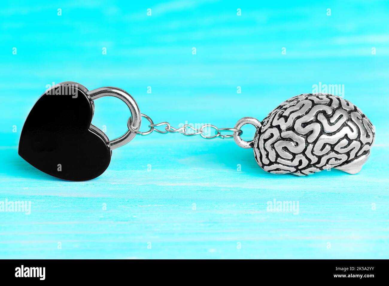 Miniature human brain attached to a black heart-shaped padlock isolated ...