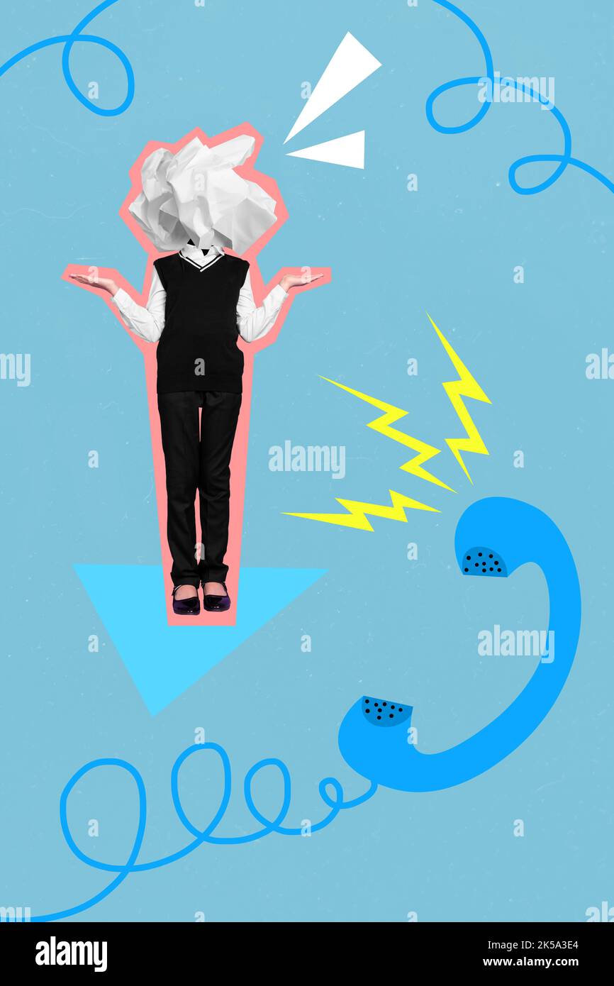 Vertical collage of schoolgirl crumpled paper instead head arms hold ...