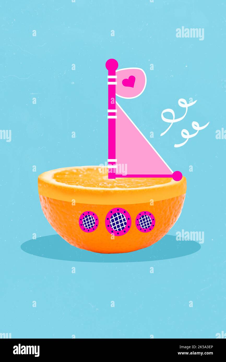 Vertical collage illustration of half fresh orange fruit drawing boat ...
