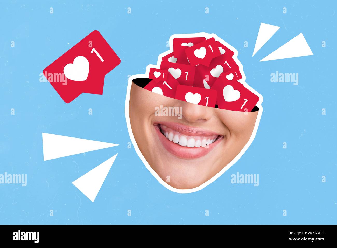 Creative collage image of half girl head beaming smile pile stack like ...