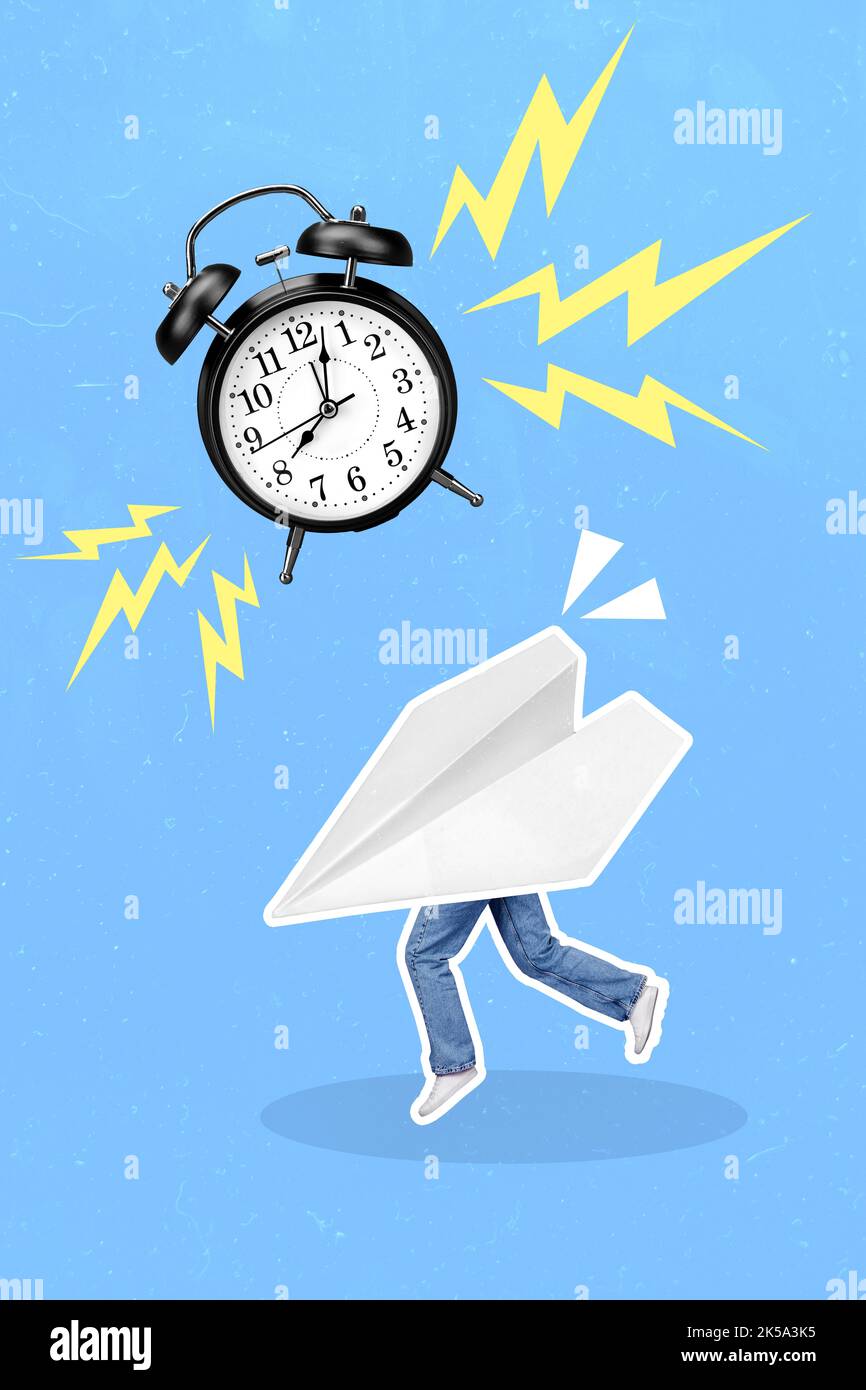 Vertical collage picture of ringing alarm clock paper plane human legs ...