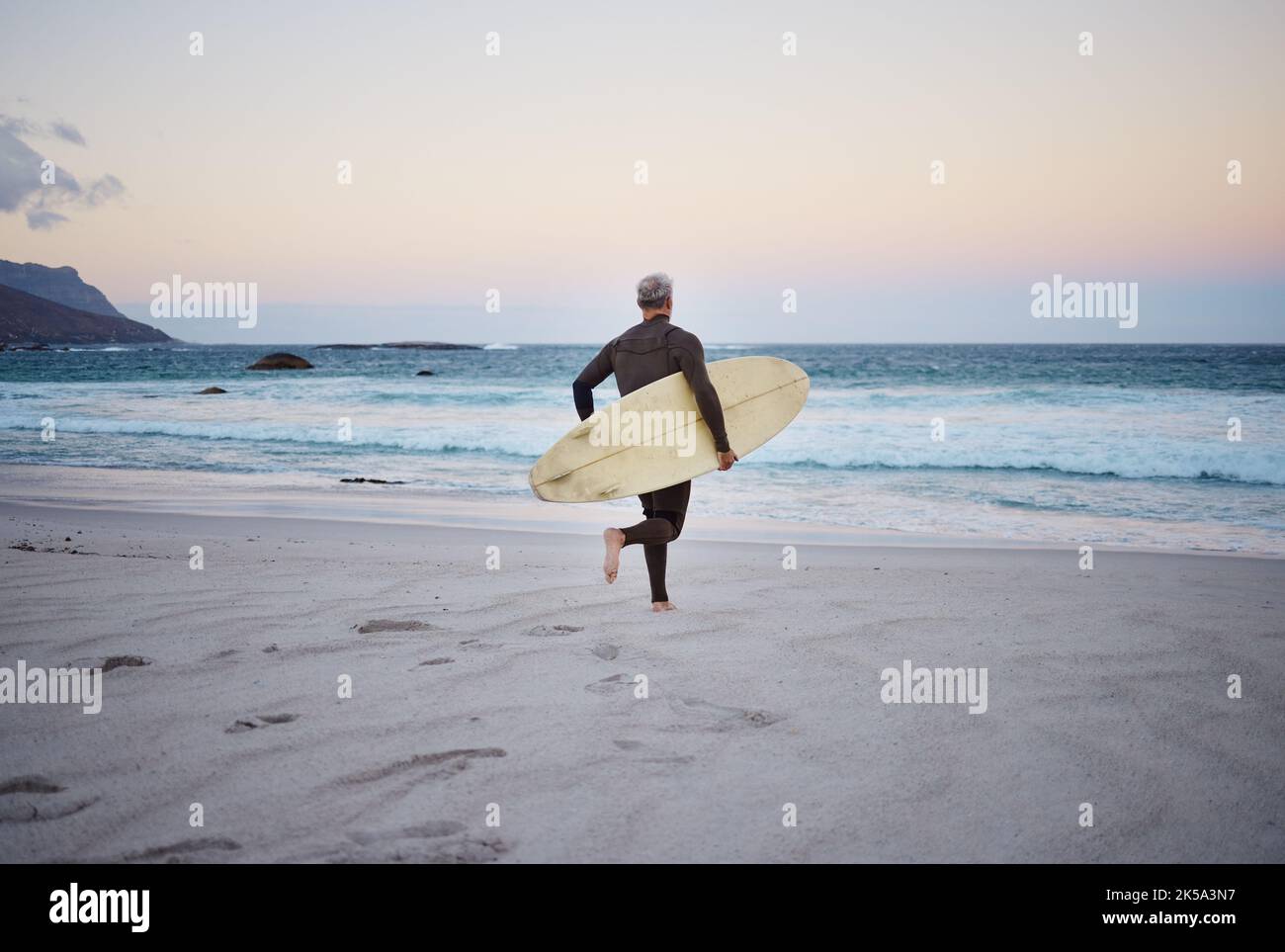 Surf at the beach, man and running to ocean with surfboard for the ...