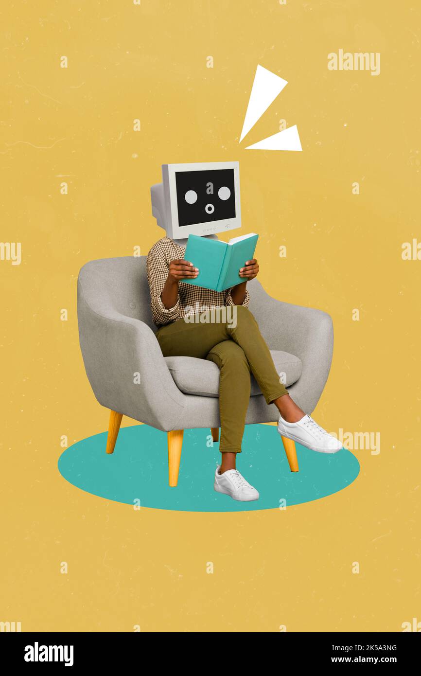 Vertical collage image of person sit chair read book computer monitor ...