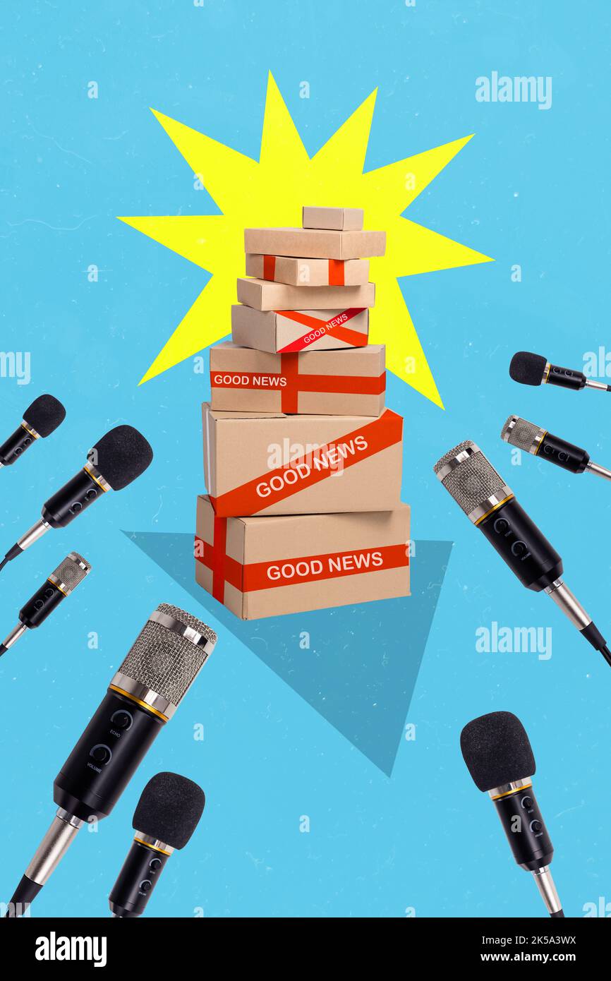 Vertical collage picture of pile stack good news carton boxes ...