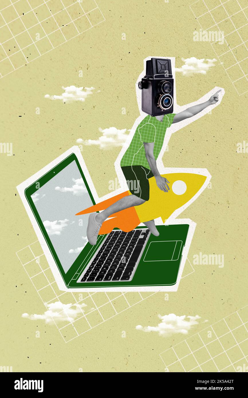 Creative artwork collage photo of funny funky man camera instead of ...