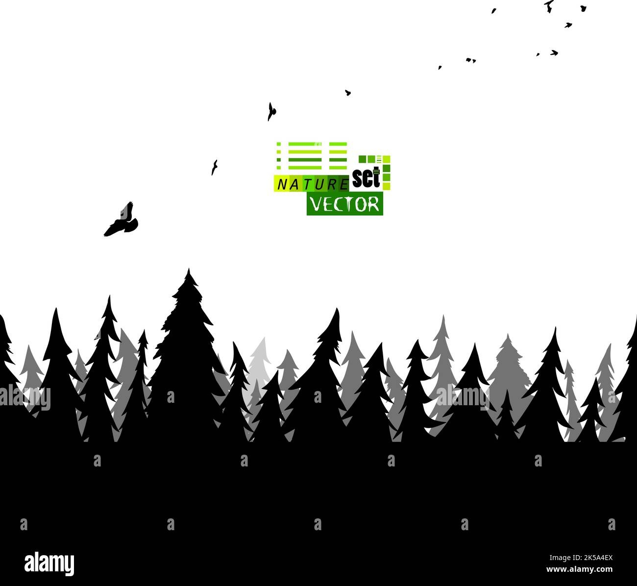 Silhouette of forest and flying birds. Spruce forest line. Vector ...
