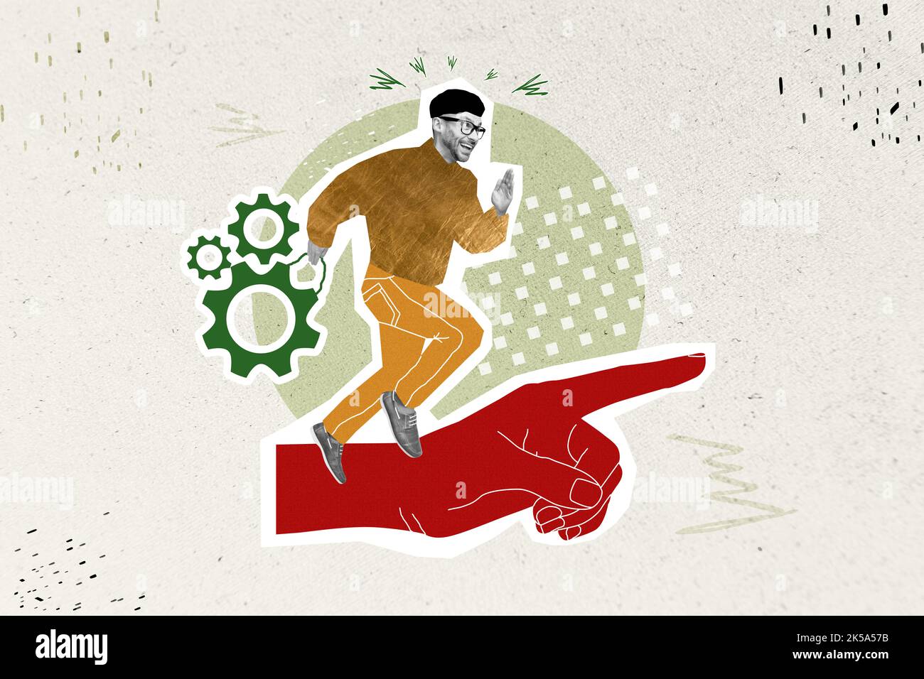 Creative trend collage of energetic active man worker running hand ...