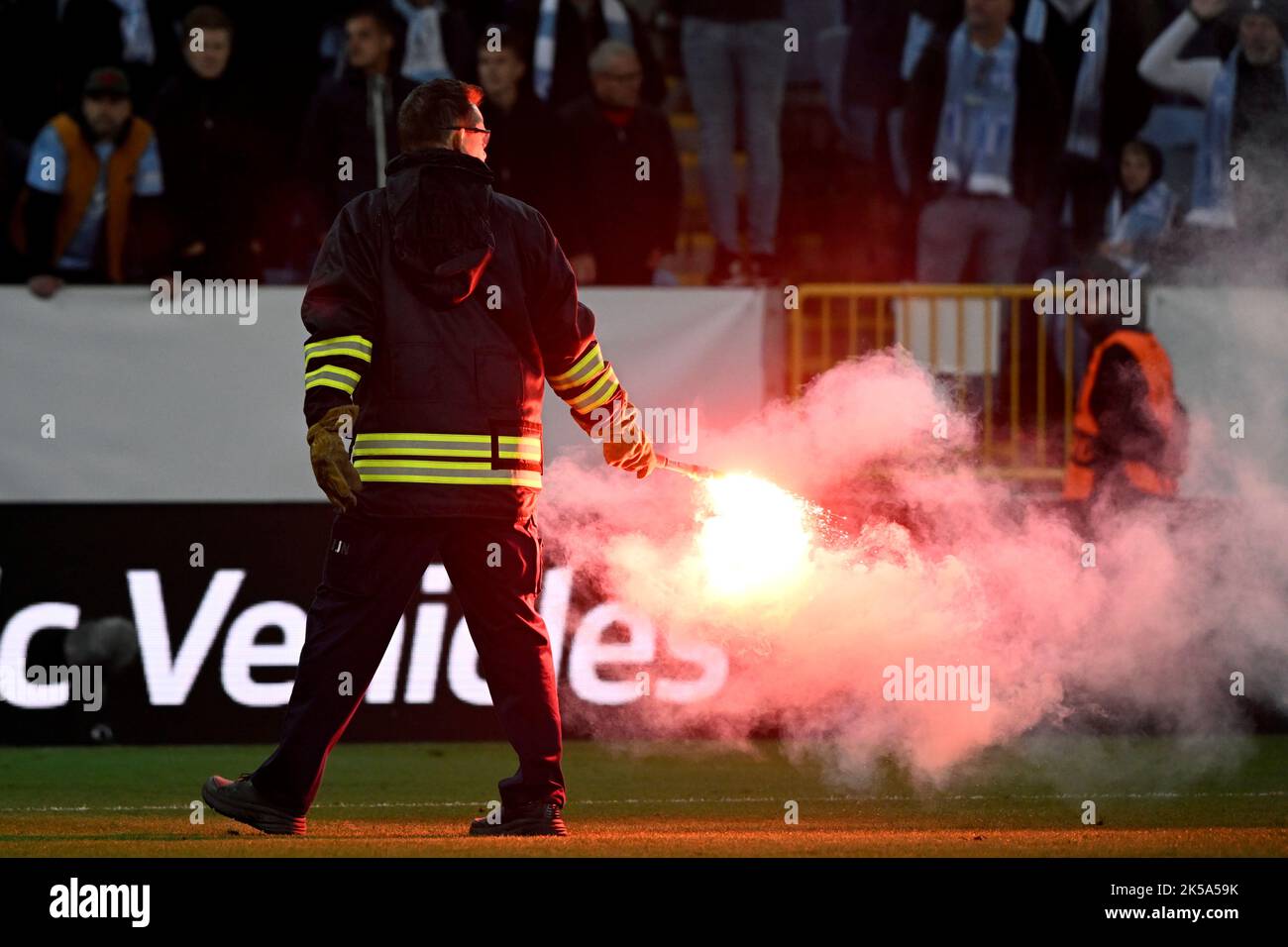 Malmö, Sweden, 6 October 2022. Riot police take away a firework that ...