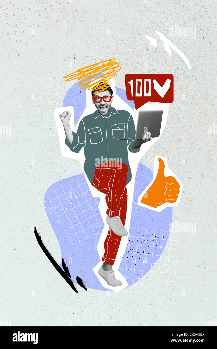 Collage photo of young funny excited blogger guy wear painted outfit ...