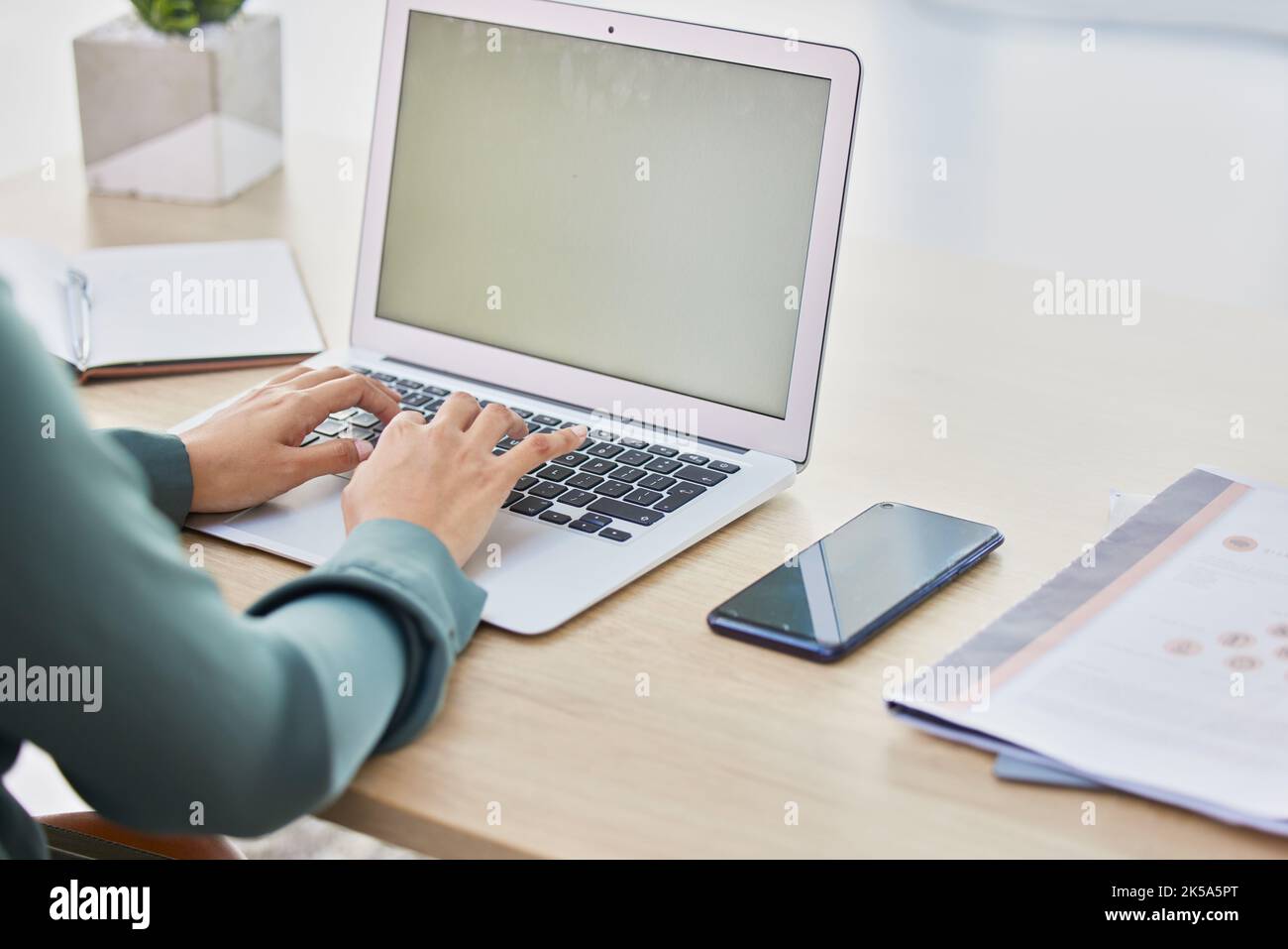 Woman hands, laptop mockup and typing, planning and working ...