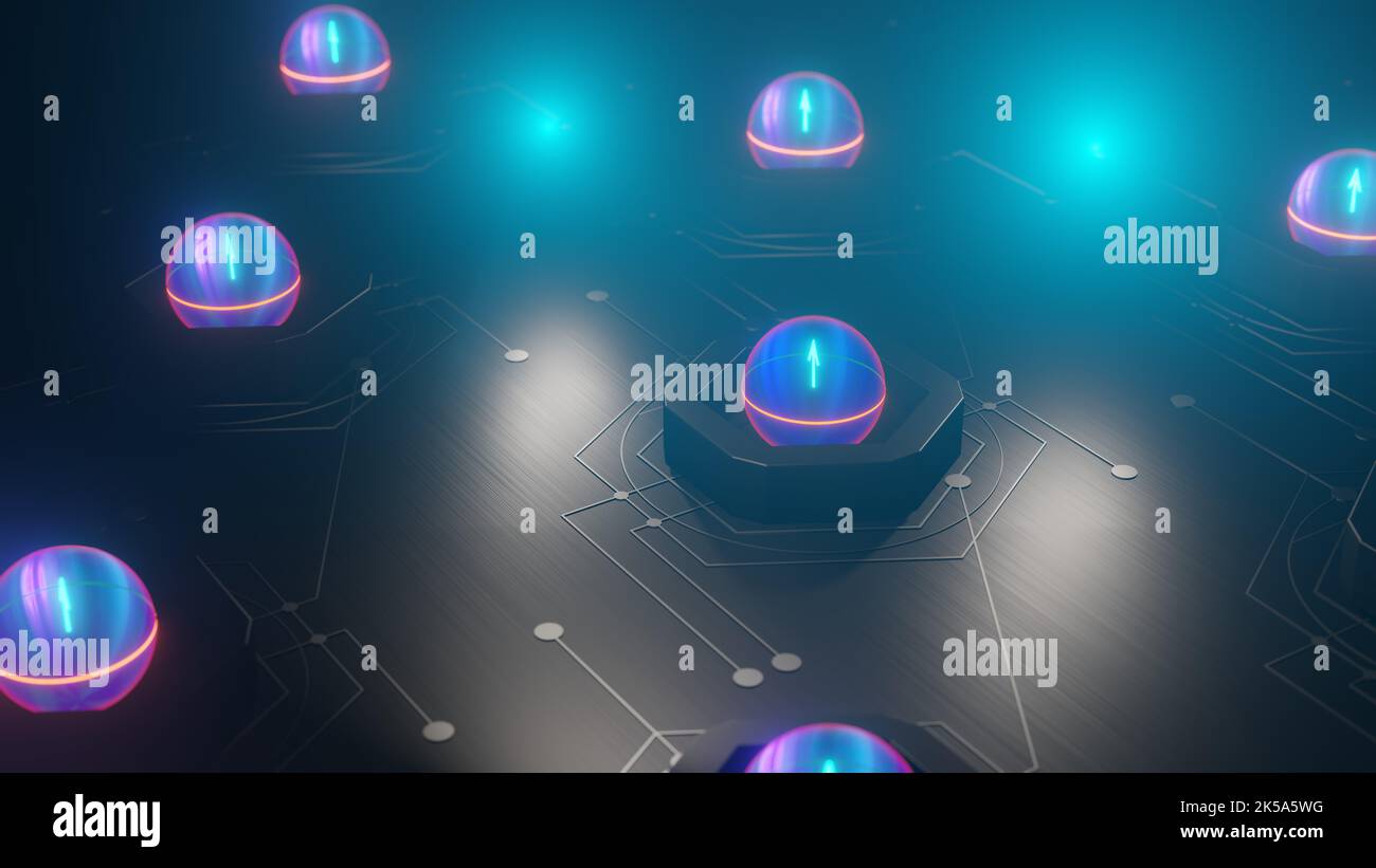 Quantum computer circuit at work, qubits, system board macro ...