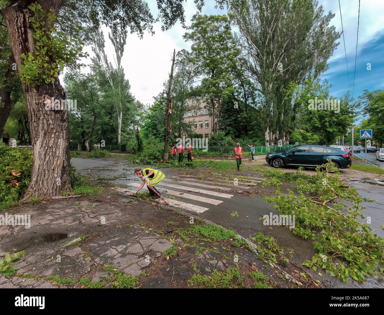 Utility workers cleaning trees after storm on the road. recycle the ...