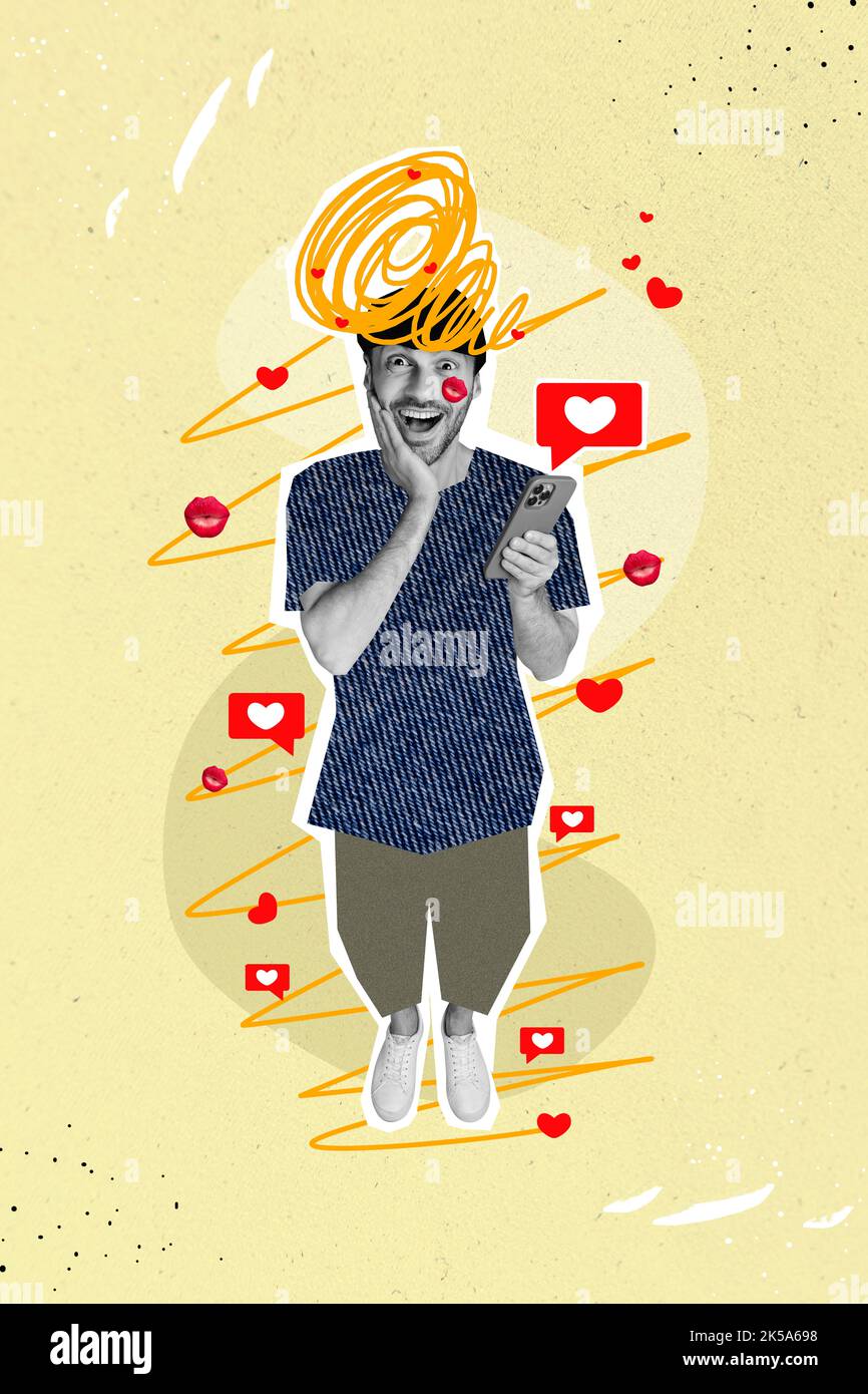 Vertical creative photo collage illustration of handsome young guy get ...