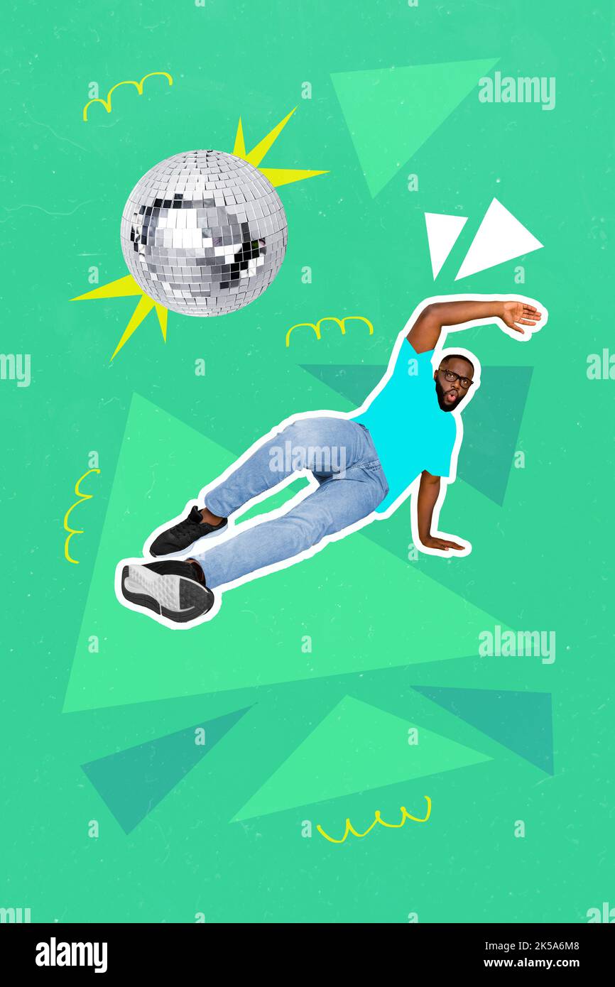 Vertical creative photo collage of funny carefree positive male dancing ...