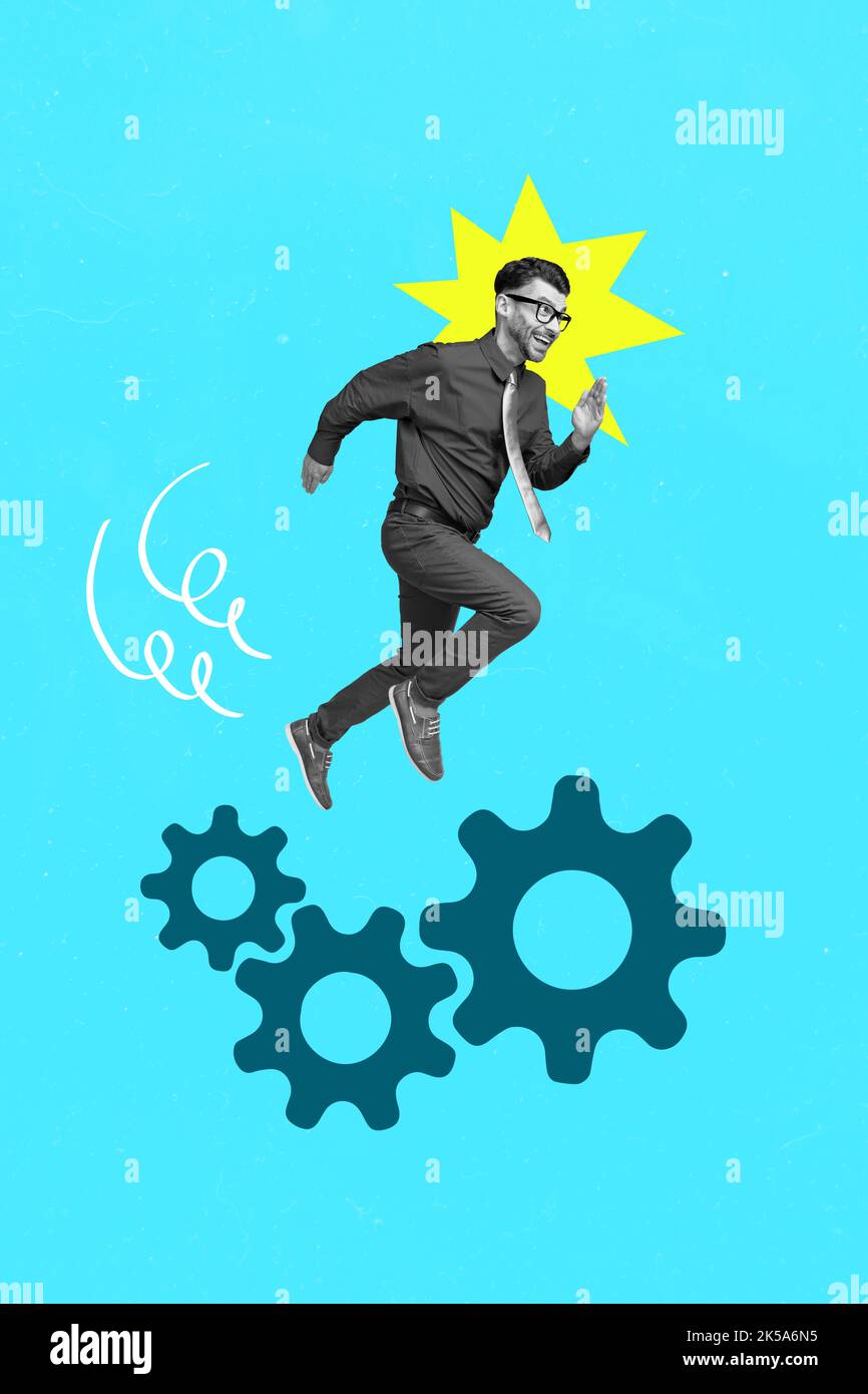 Vertical collage picture of excited guy black white effect running ...