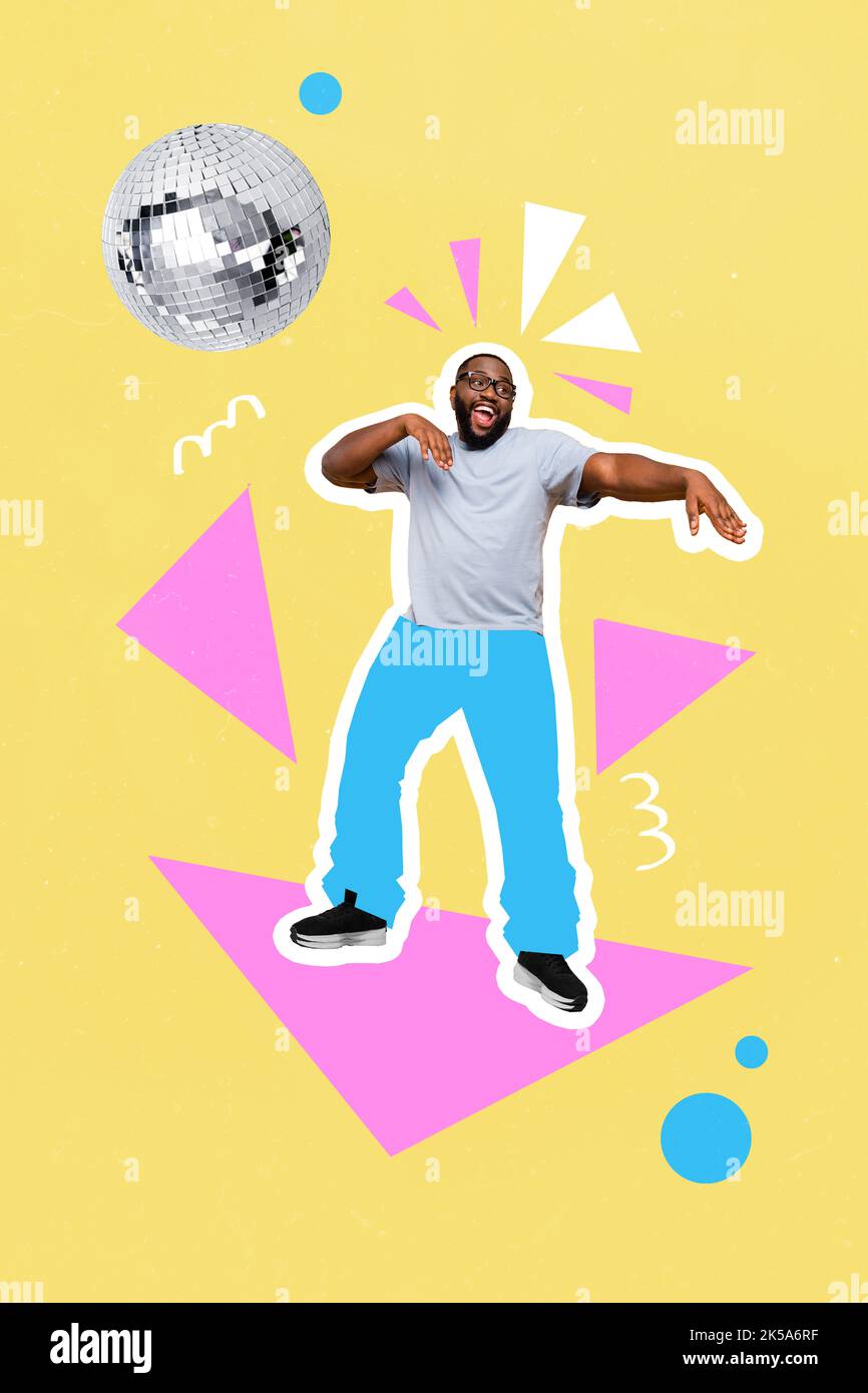 Vertical collage portrait of positive satisfied guy dancing clubbing ...