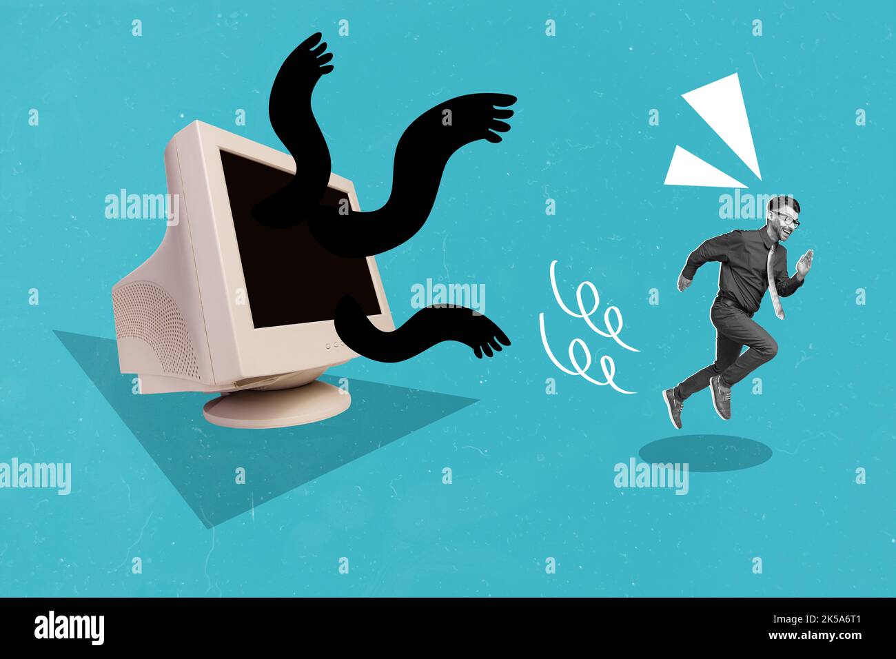 Creative collage portrait of running little guy black white colors big ...