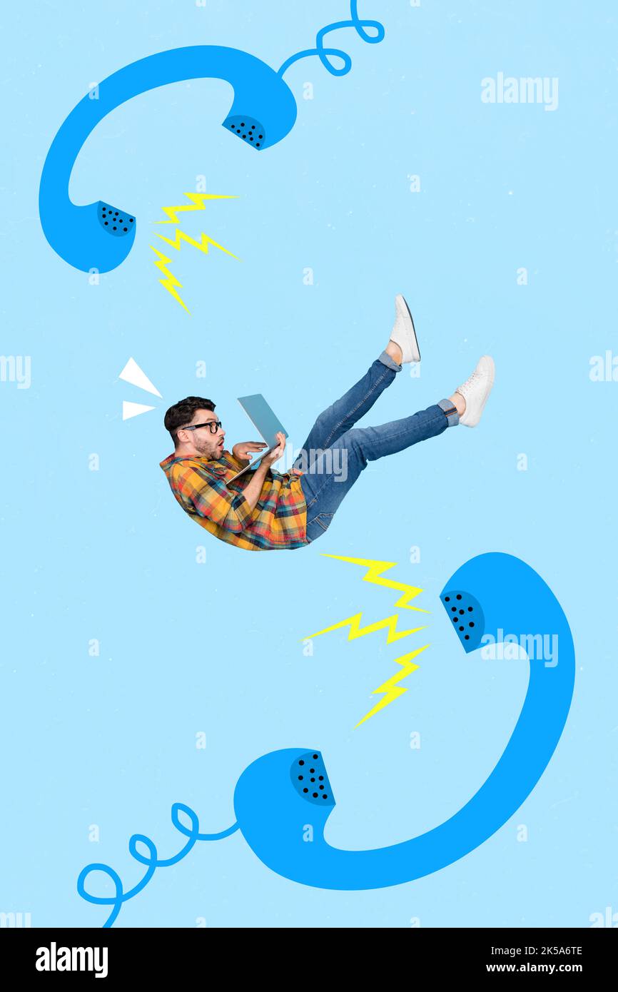Vertical collage photo of impressed excited guy hold laptop falling ...
