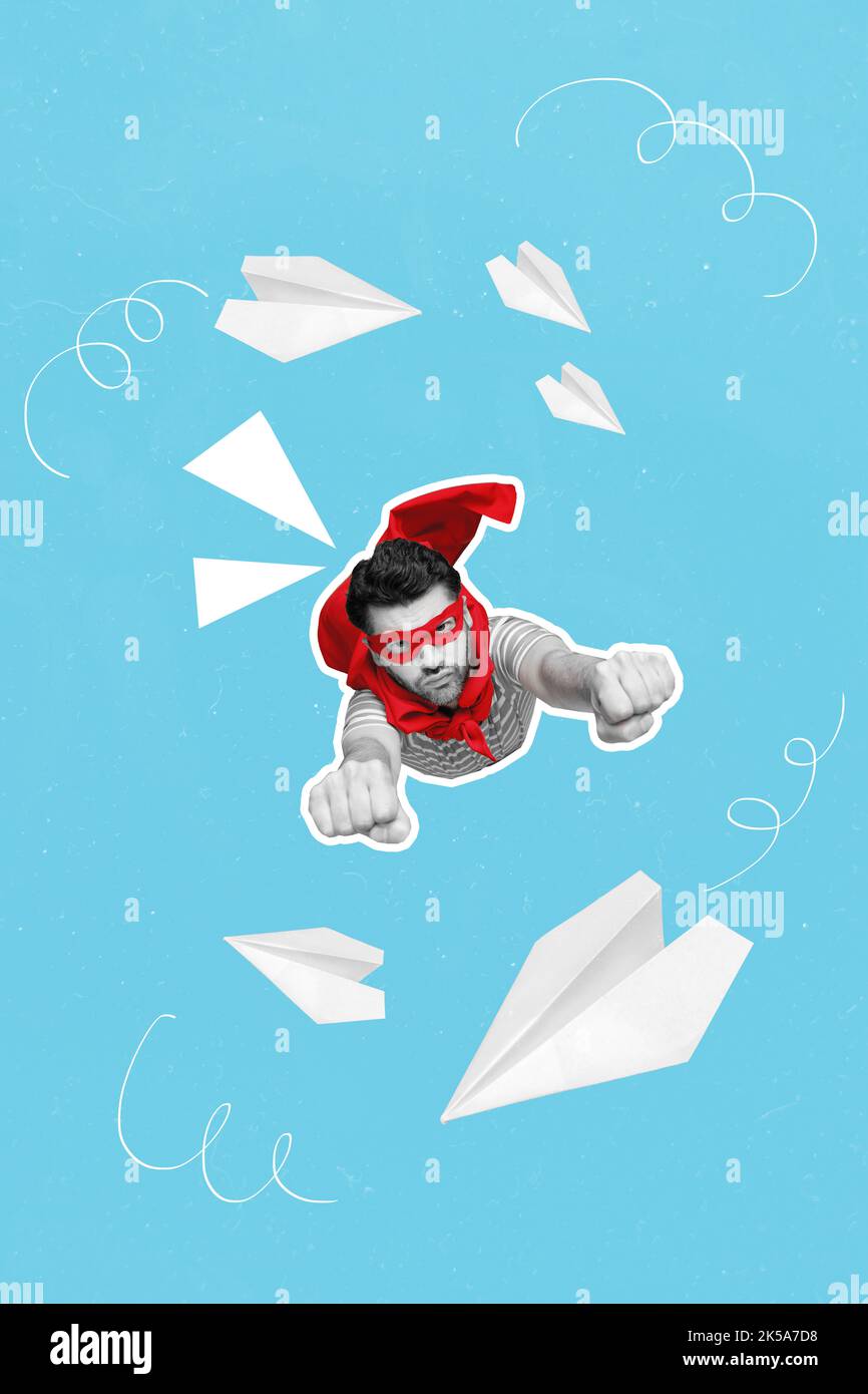 Vertical collage portrait of confident brave super guy raise fists ...