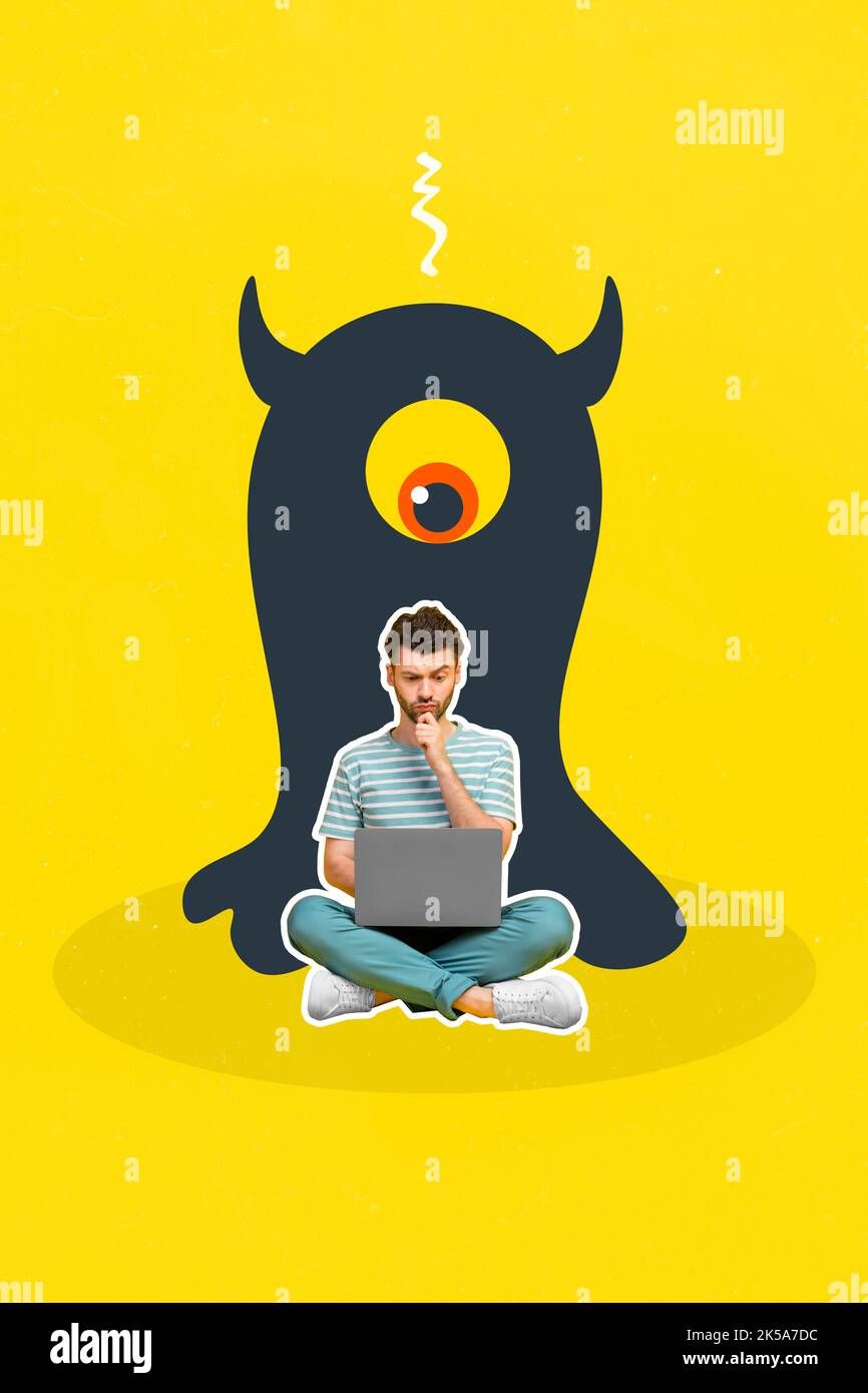 Vertical creative collage picture of pensive guy use netbook huge ...
