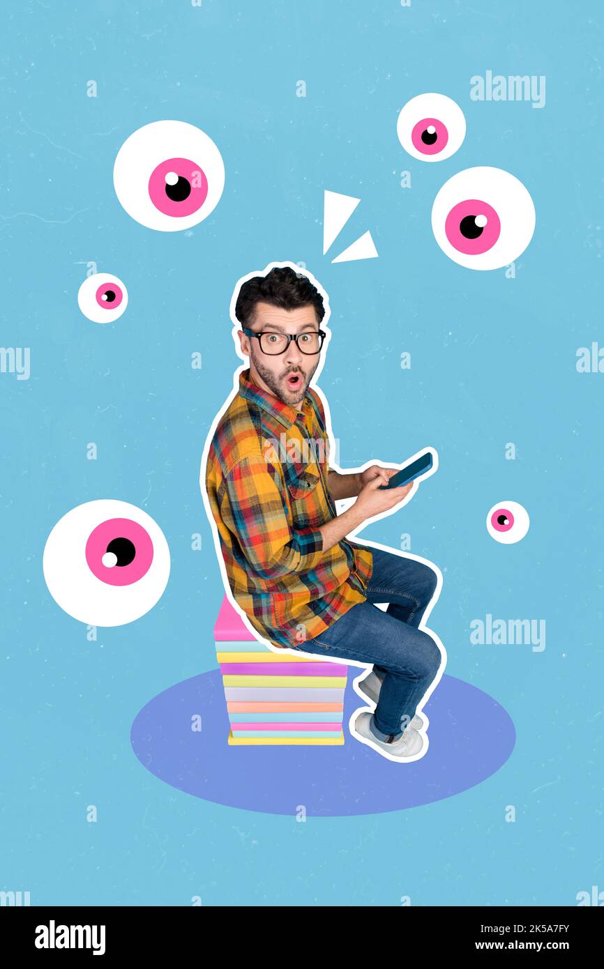 Vertical collage image of impressed guy sit pile stack book hold use ...