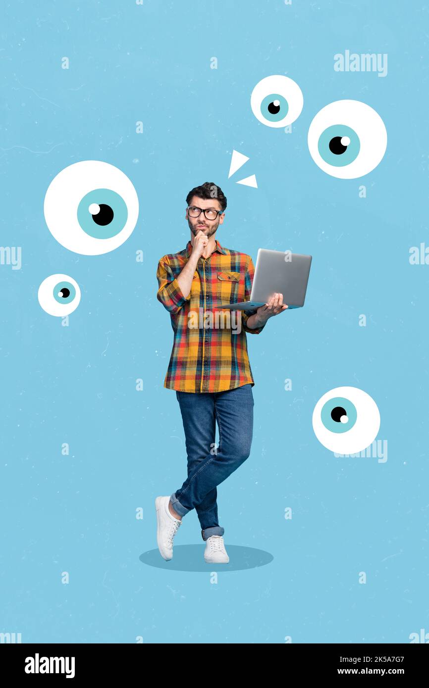 Vertical collage image of minded guy hold netbook contemplate big ...