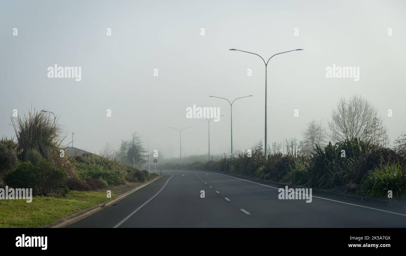 Lamp posts and 80km speed limit sign along the road in the fog. New ...