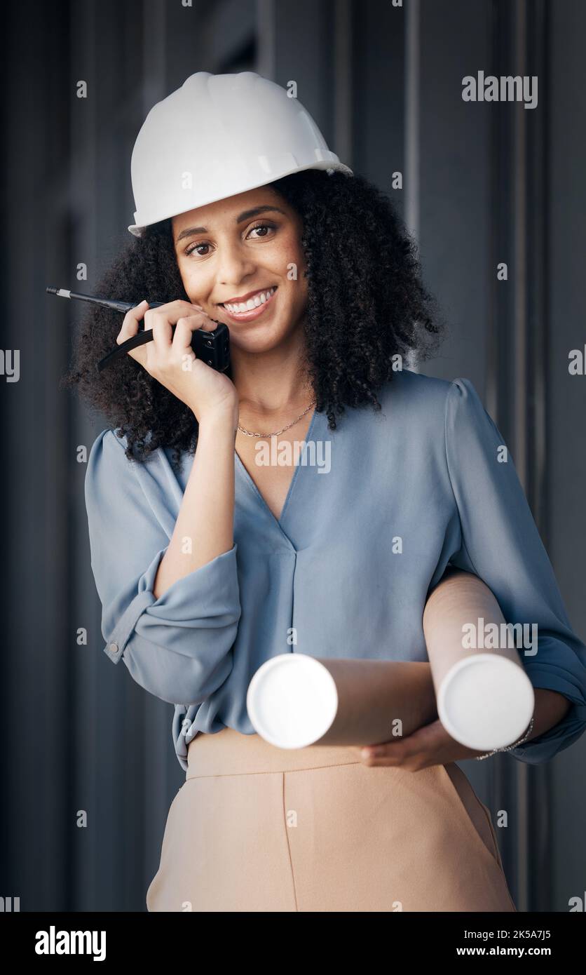 Engineer, black woman and walkie talkie with documents tube for ...