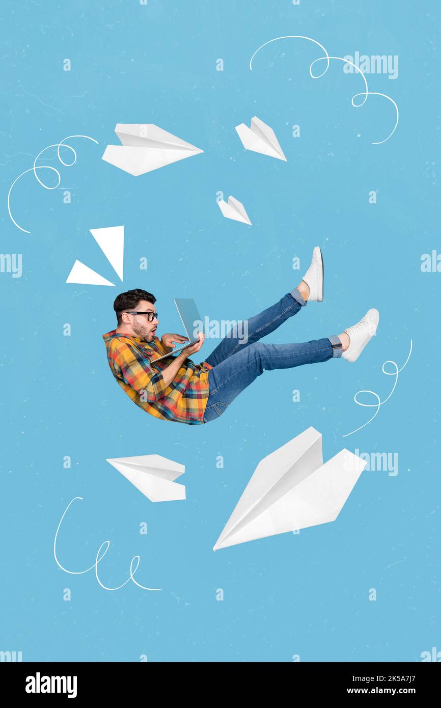 Vertical collage of flying guy use wireless netbook big paper planes ...