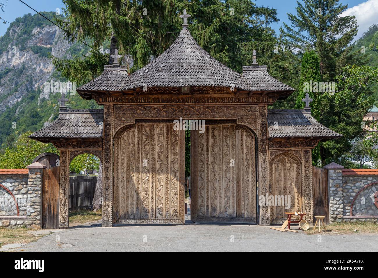 The wooden gate of the Polovragi Monastery, Gorj, Romania. The ...