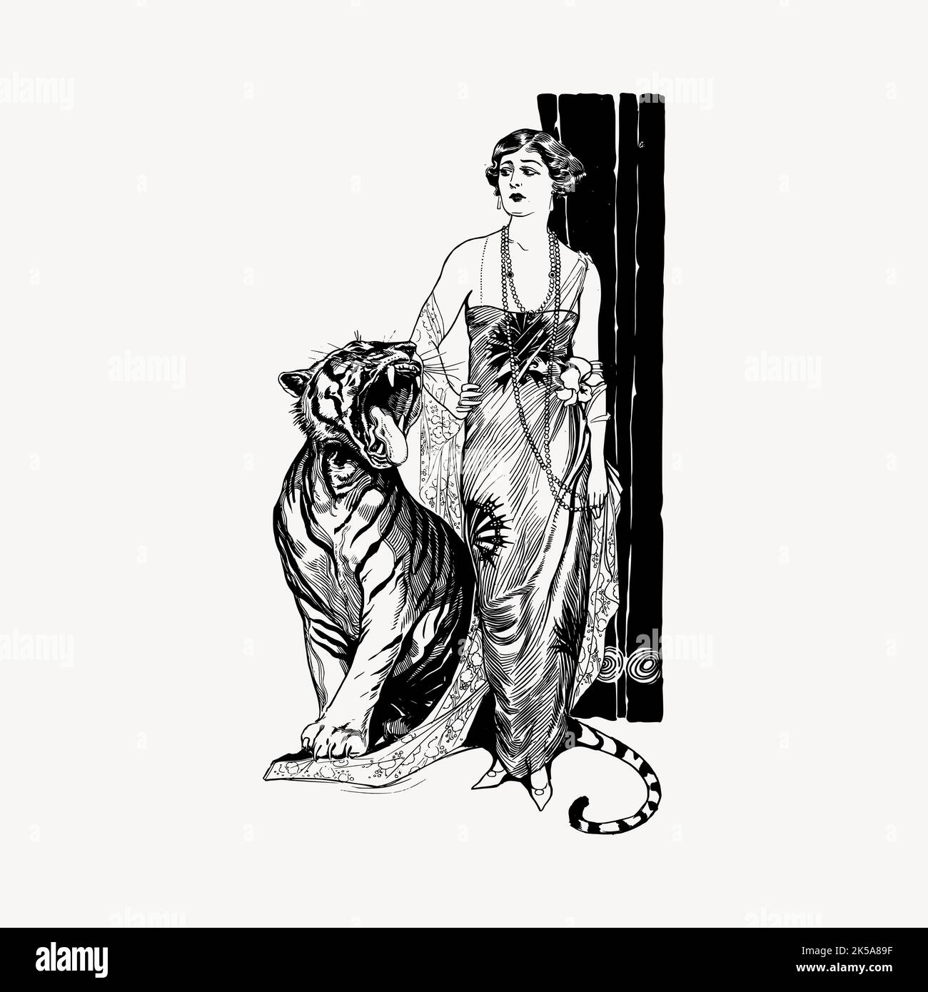 Lady and tiger clipart, vintage hand drawn vector Stock Vector Image ...