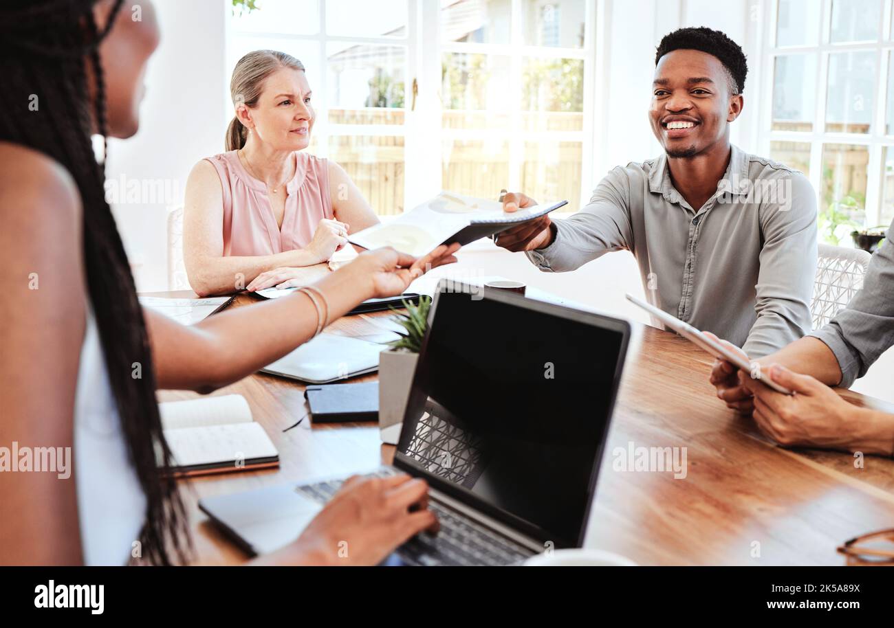 Documents, collaboration and business people in a meeting planning ...