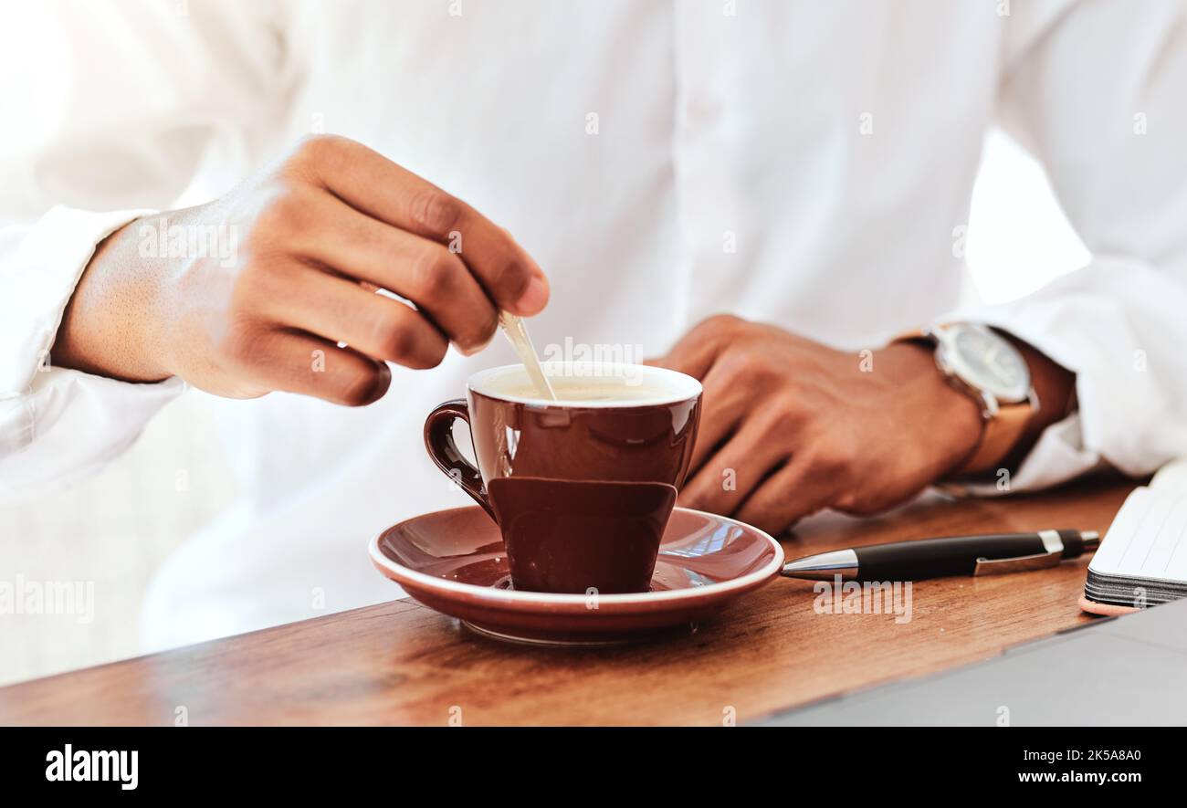 Coffee cup and business man at cafe taking break, relax and calm at ...