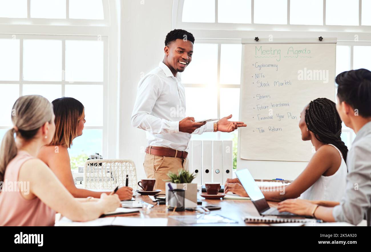 Business meeting, corporate management presentation and black man leader coaching team in modern ...
