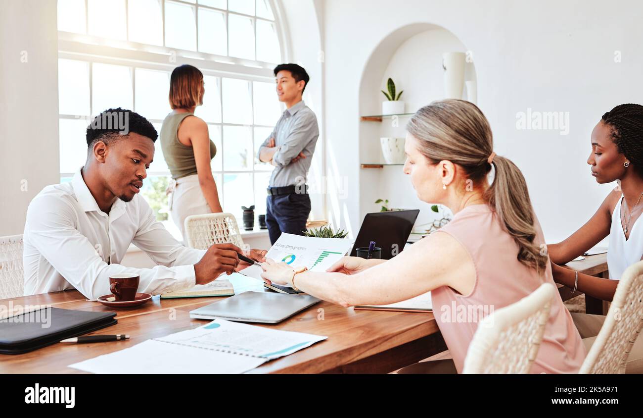 Business people, analytics and meeting for team collaboration or ...