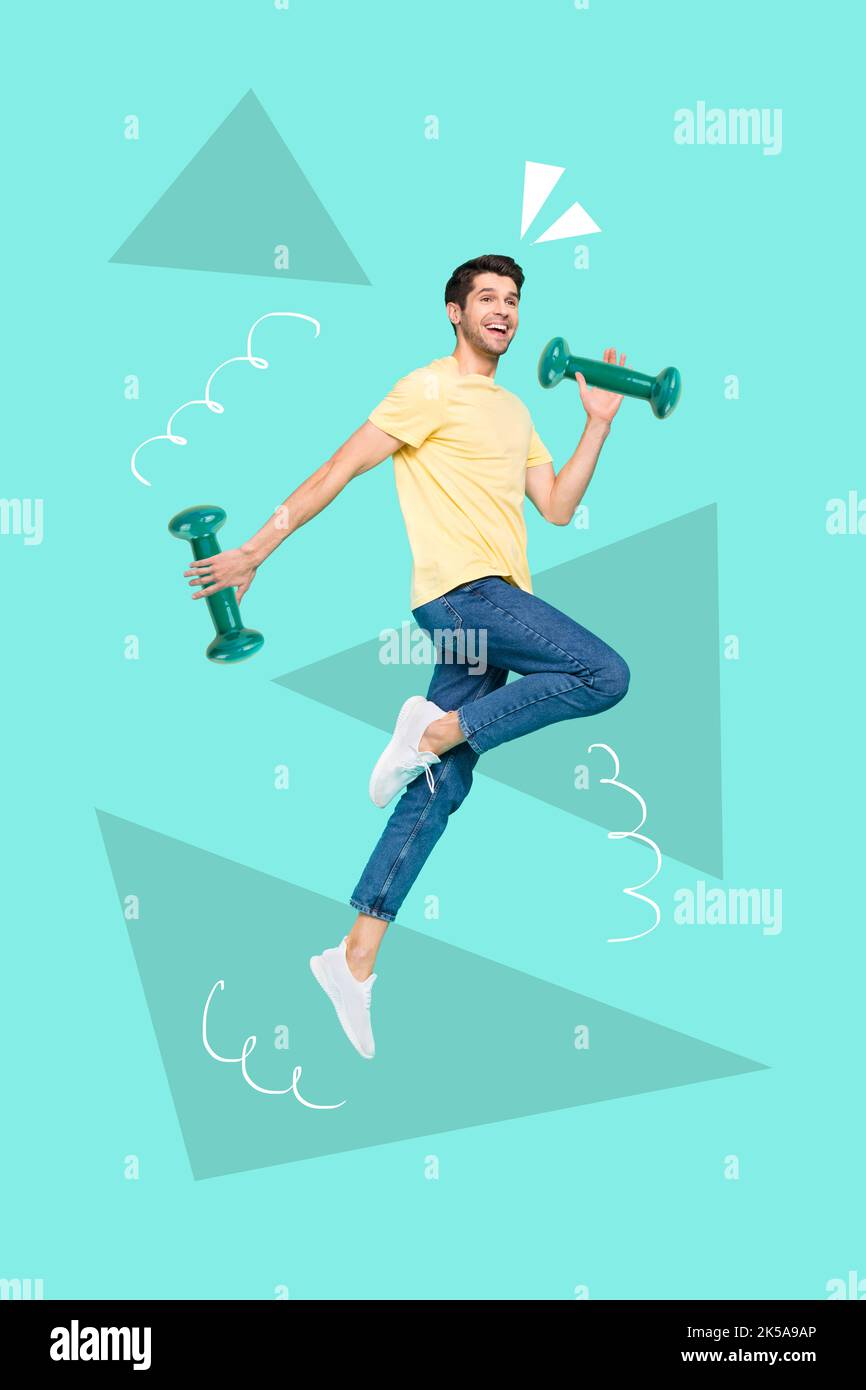 Vertical collage image of excited cheerful person jumping hands hold ...