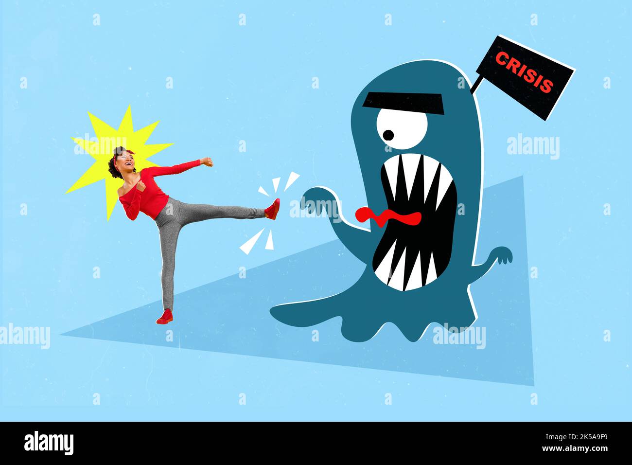 Creative collage image of girl fighting confronting huge angry painted ...