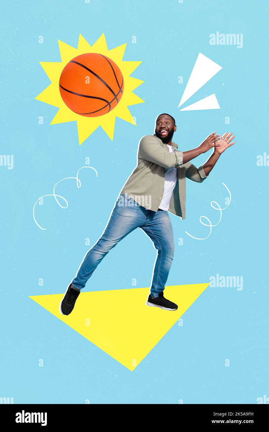 Vertical collage portrait of excited positive guy arms catch basketball ...