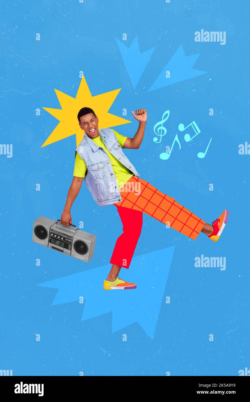 Vertical creative photo collage of happy funny carefree positive guy ...