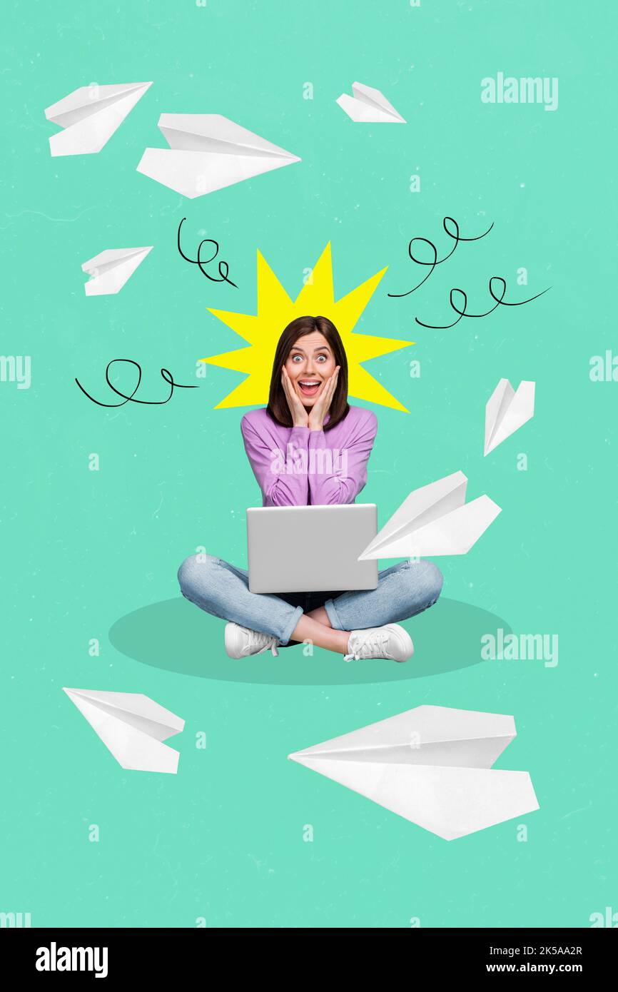 Vertical creative photo collage of ecstatic impressed young girl hold ...