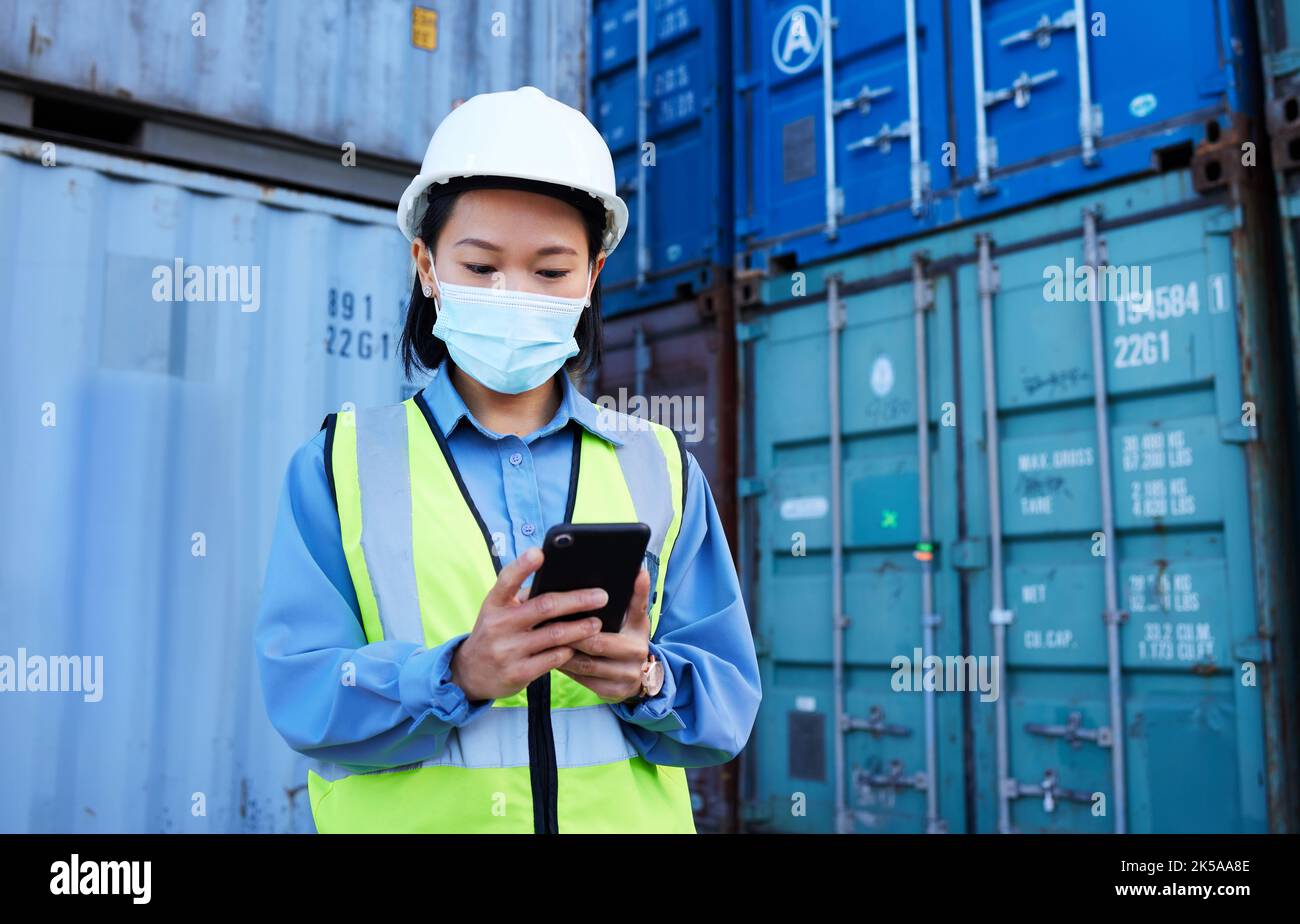 Covid, supply chain logistics and phone with a woman shipping worker ...