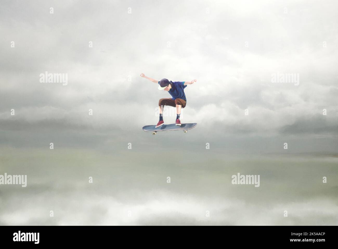illustration of young boy makes a surreal jump in the sky with his ...