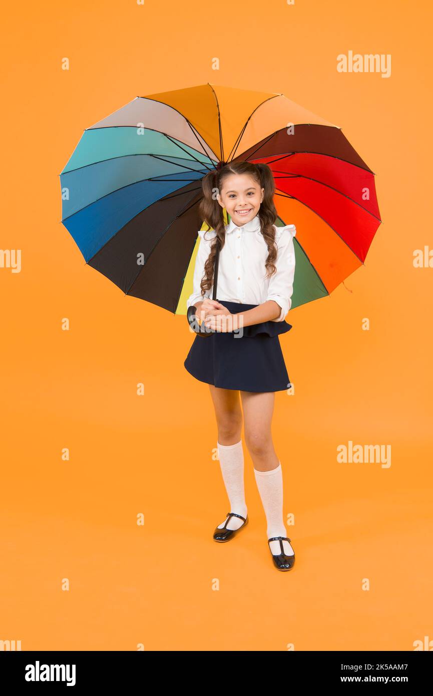 Positive vibes. Everything under control. Fancy schoolgirl. Girl with umbrella. Rainy day. Happy ...