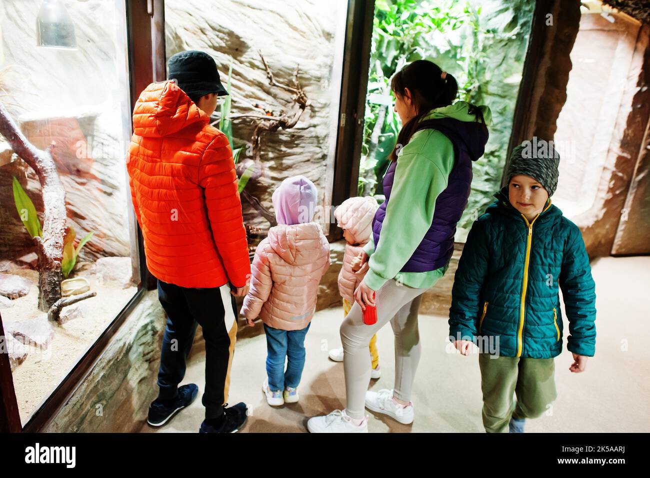Mother with four kids discovering and watching animals at zoo Stock ...