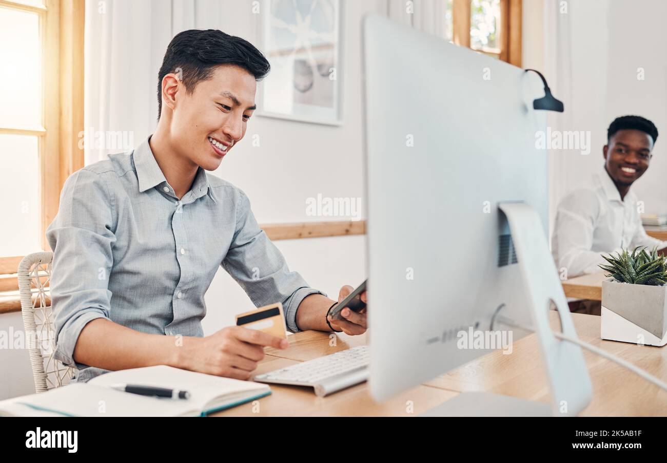 Credit card, online payment and businessman shopping on mobile app on a ...