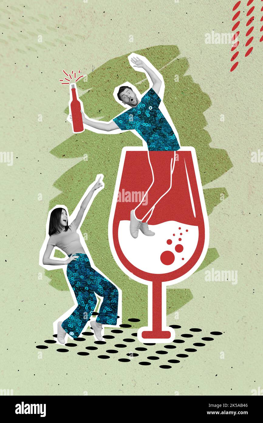 Collage photo of young couple dancing drunk alcohol party opening new ...